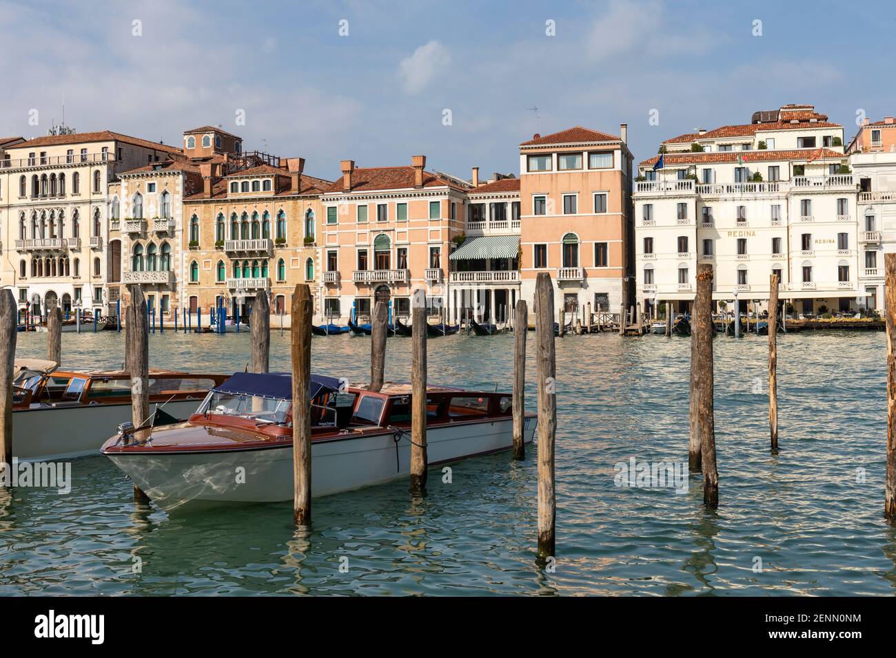 View across the Grand Canal in Venice of iconic Venetian buildings. San ...