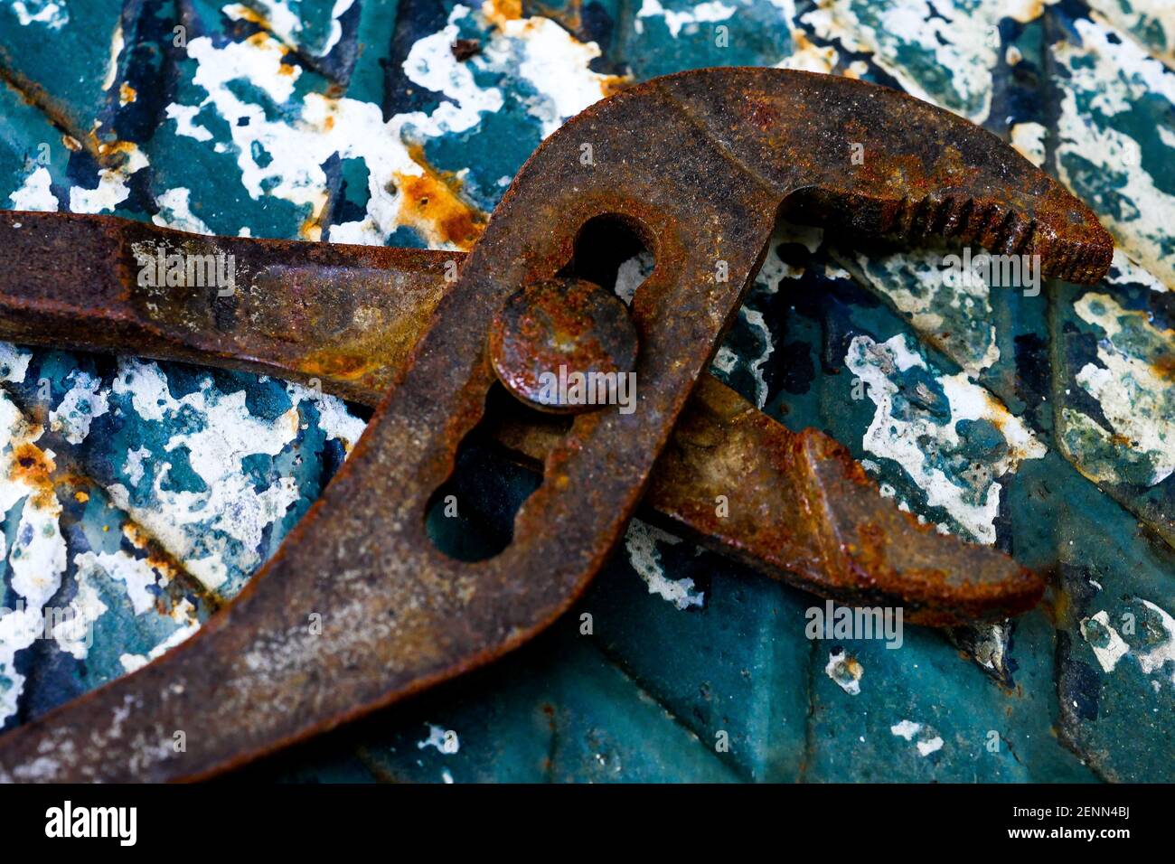 Rusted pipe wrench, old used tool, France Stock Photo - Alamy