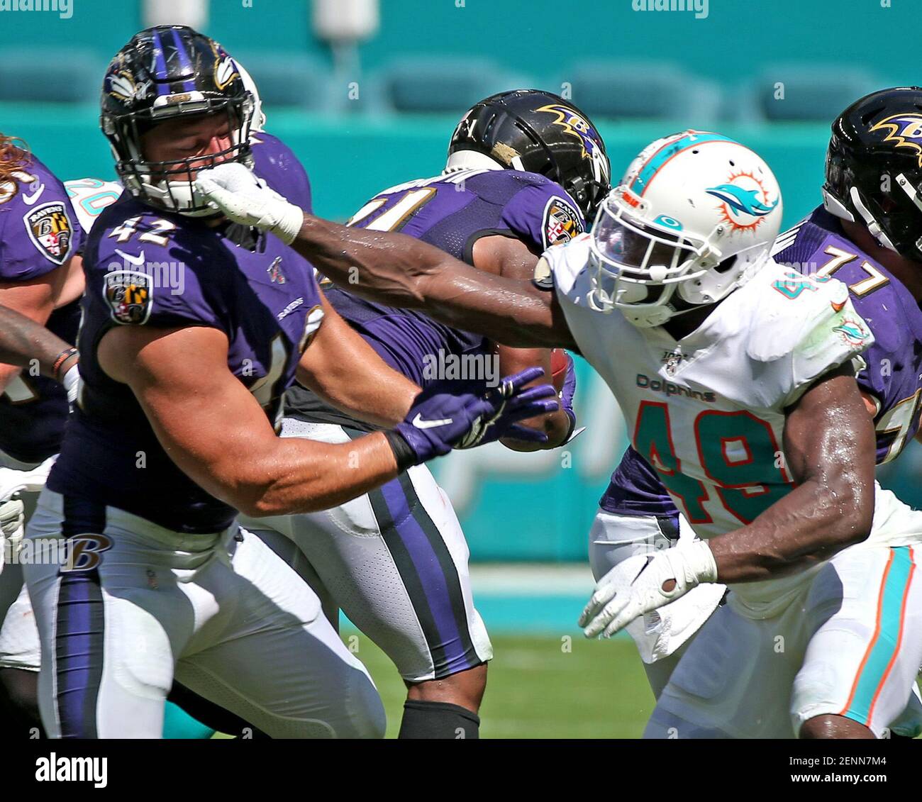 Miami Dolphins linebacker Sam Eguavoen (49) grabs Baltimore Ravens ...