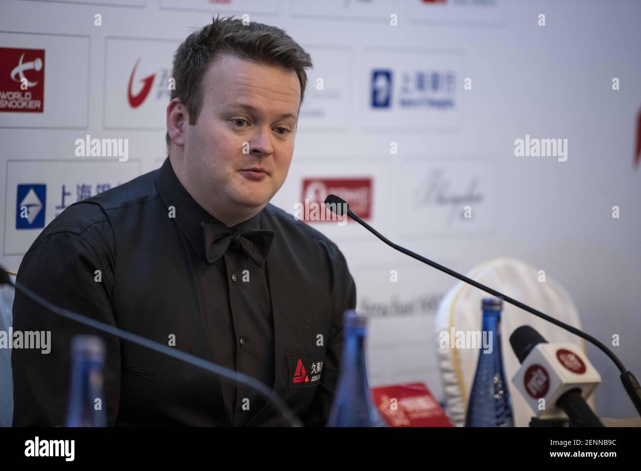 English professional snooker player Shaun Murphy speaks at the press ...