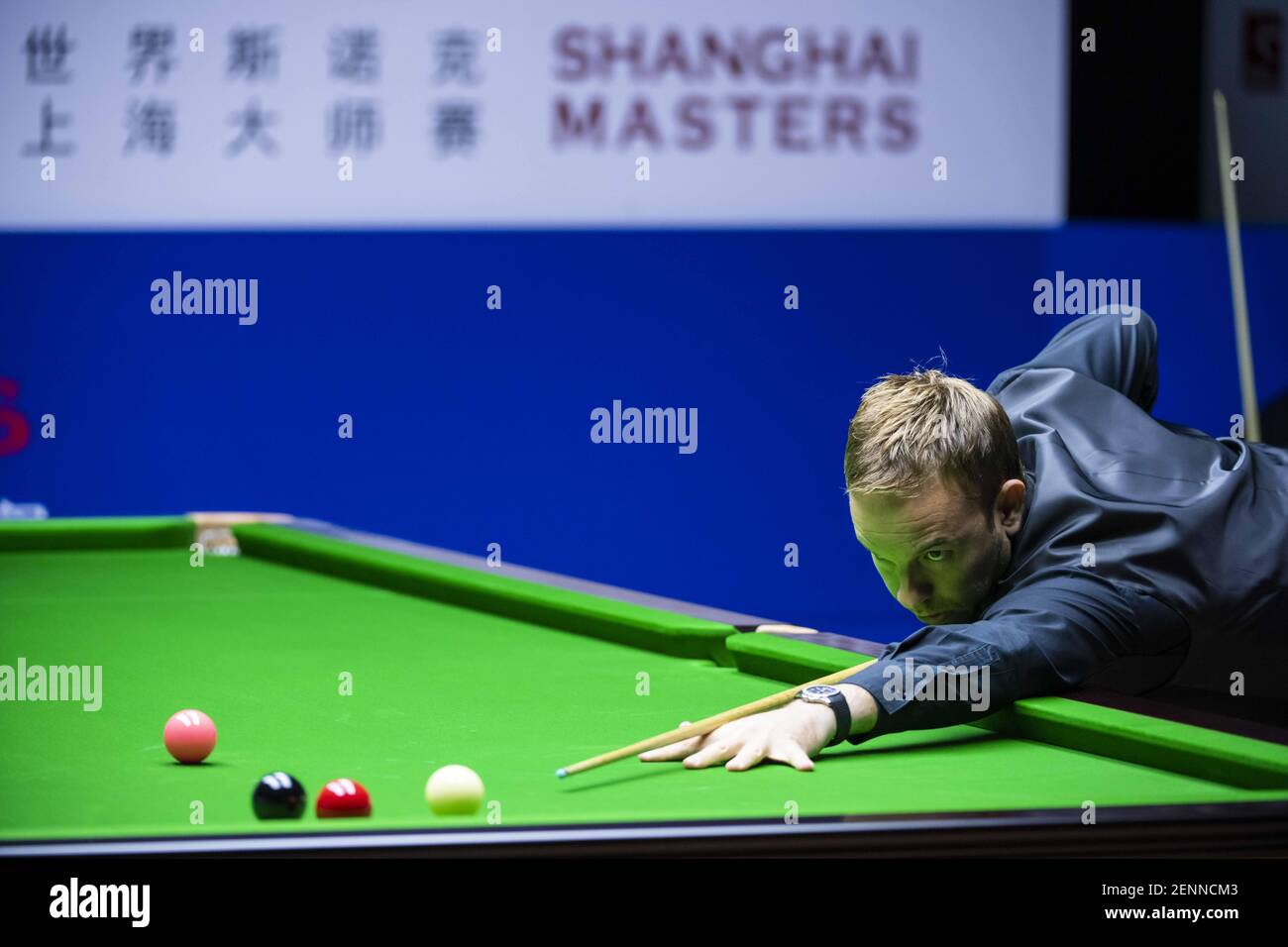 English professional snooker player Allister Carter plays a shot at the ...