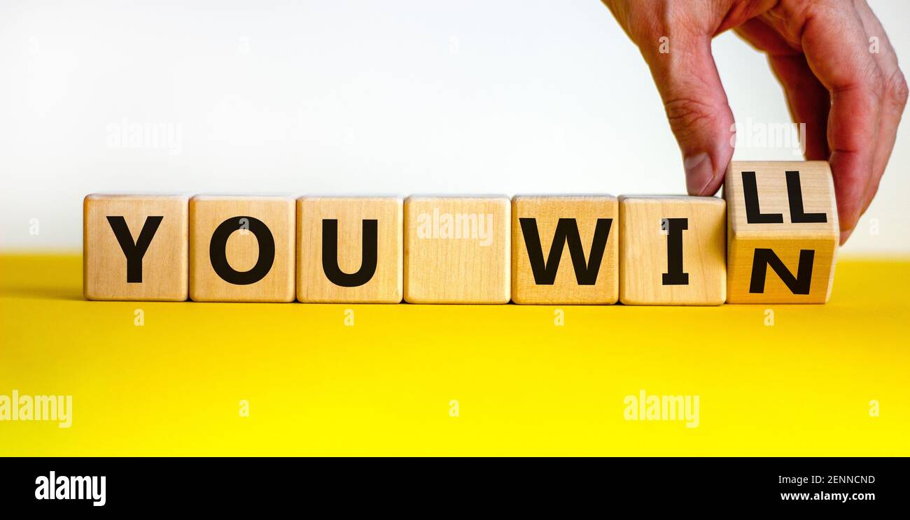 You will win symbol. Businessman turns cubes and changes words you will ...