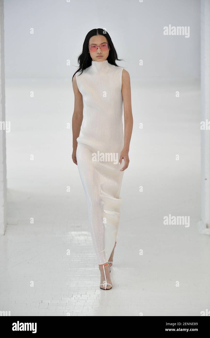 Model Ning Jinyi walking on the runway during the Helmut Lang Fashion Show during New York ...