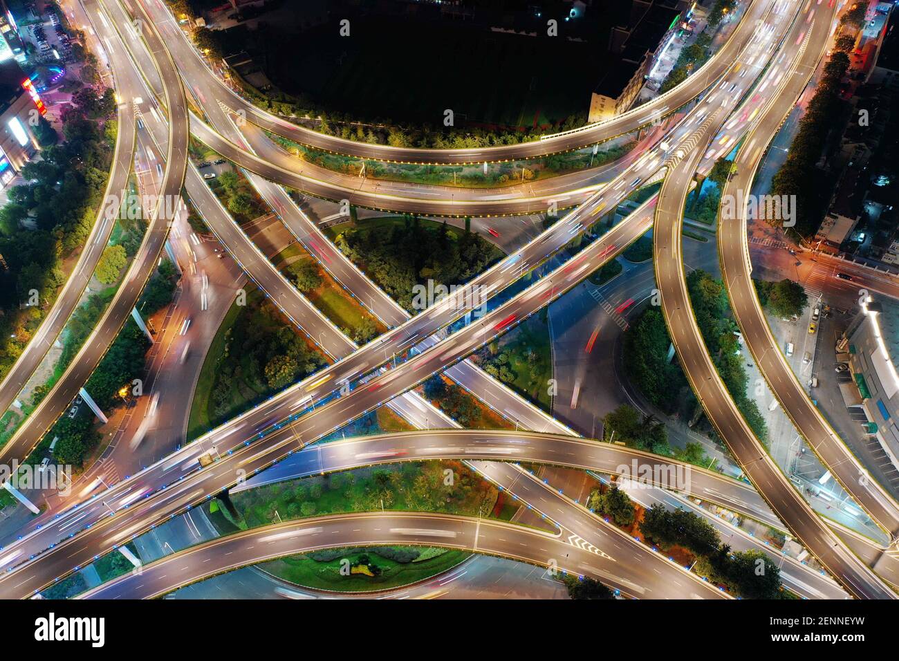 An aerial view at night of the illuminated Saihongqiao Overpass and ...