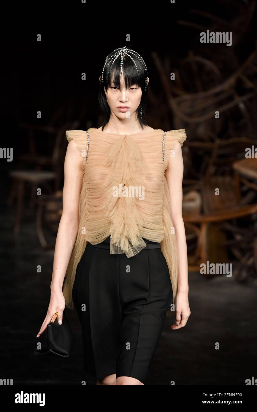 Model Sora Choi walking on the runway during the Khaite Fashion Show ...