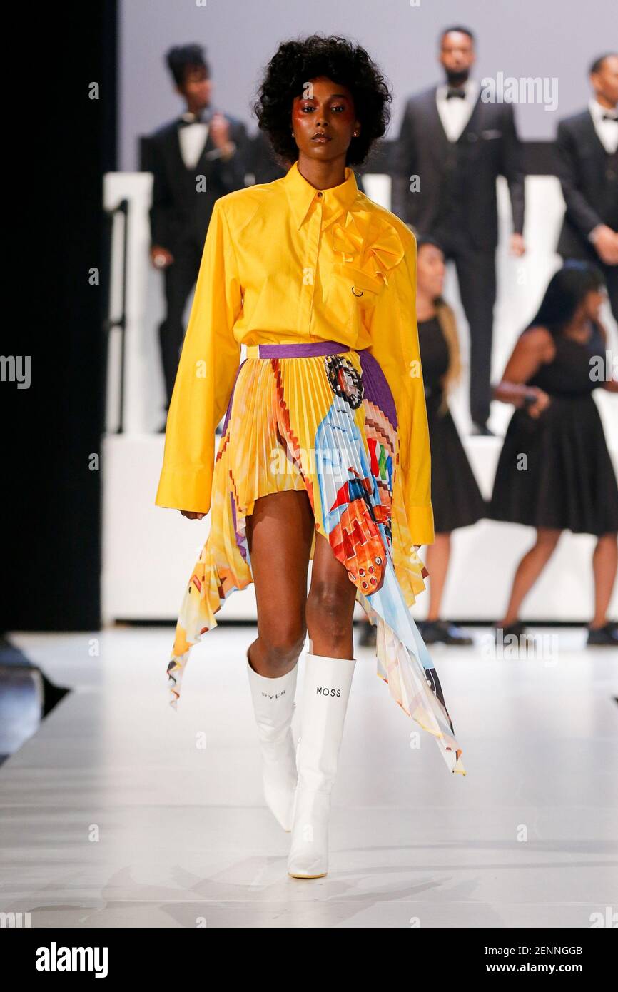 Model walking on the runway during the Pyer Moss Fashion Show at Kings ...