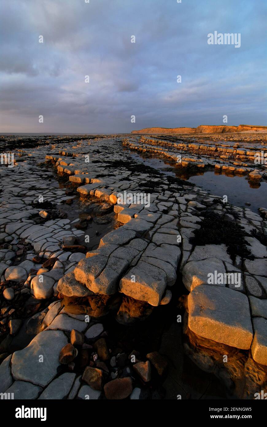 The setting sun provides a warm glow on the limestone pavements at ...