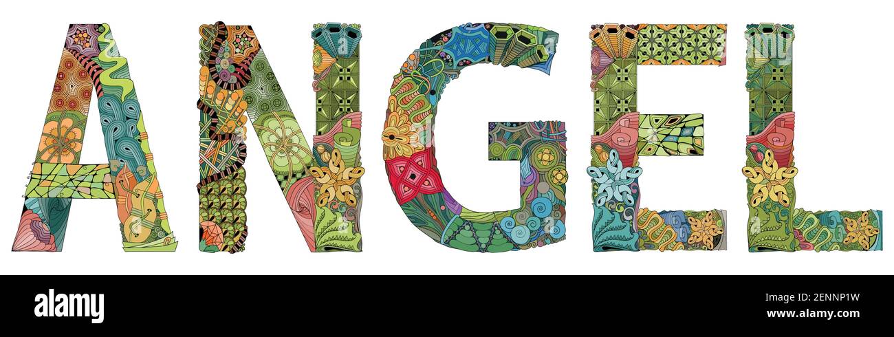 Hand-painted art design. Hand drawn illustration words ANGEL for t ...