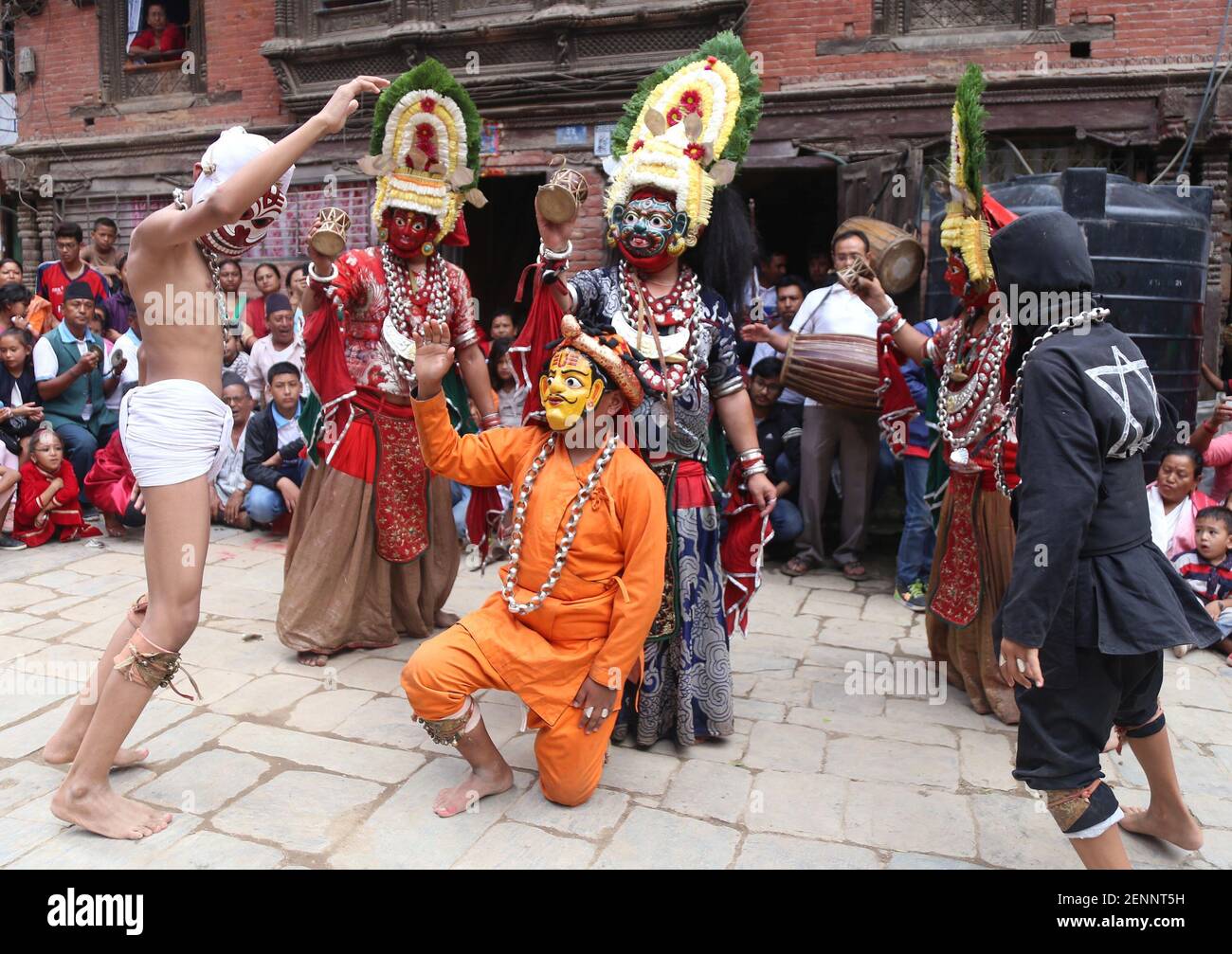 Nepalese traditional masked dancers perform Devi dance (Devi Pyankha ...