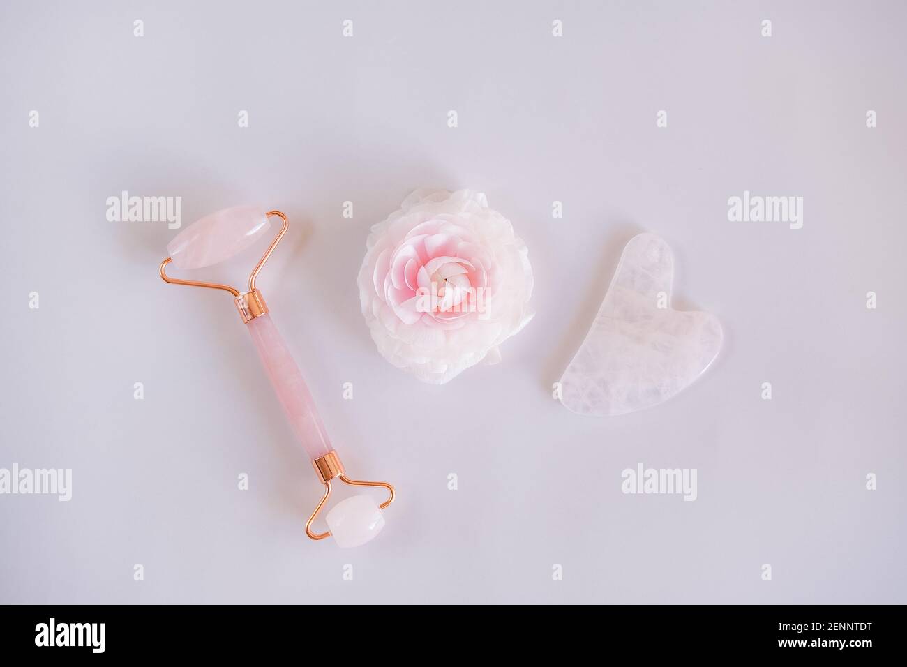 Pink Gua Sha stone and roller for massage and flower Stock Photo - Alamy