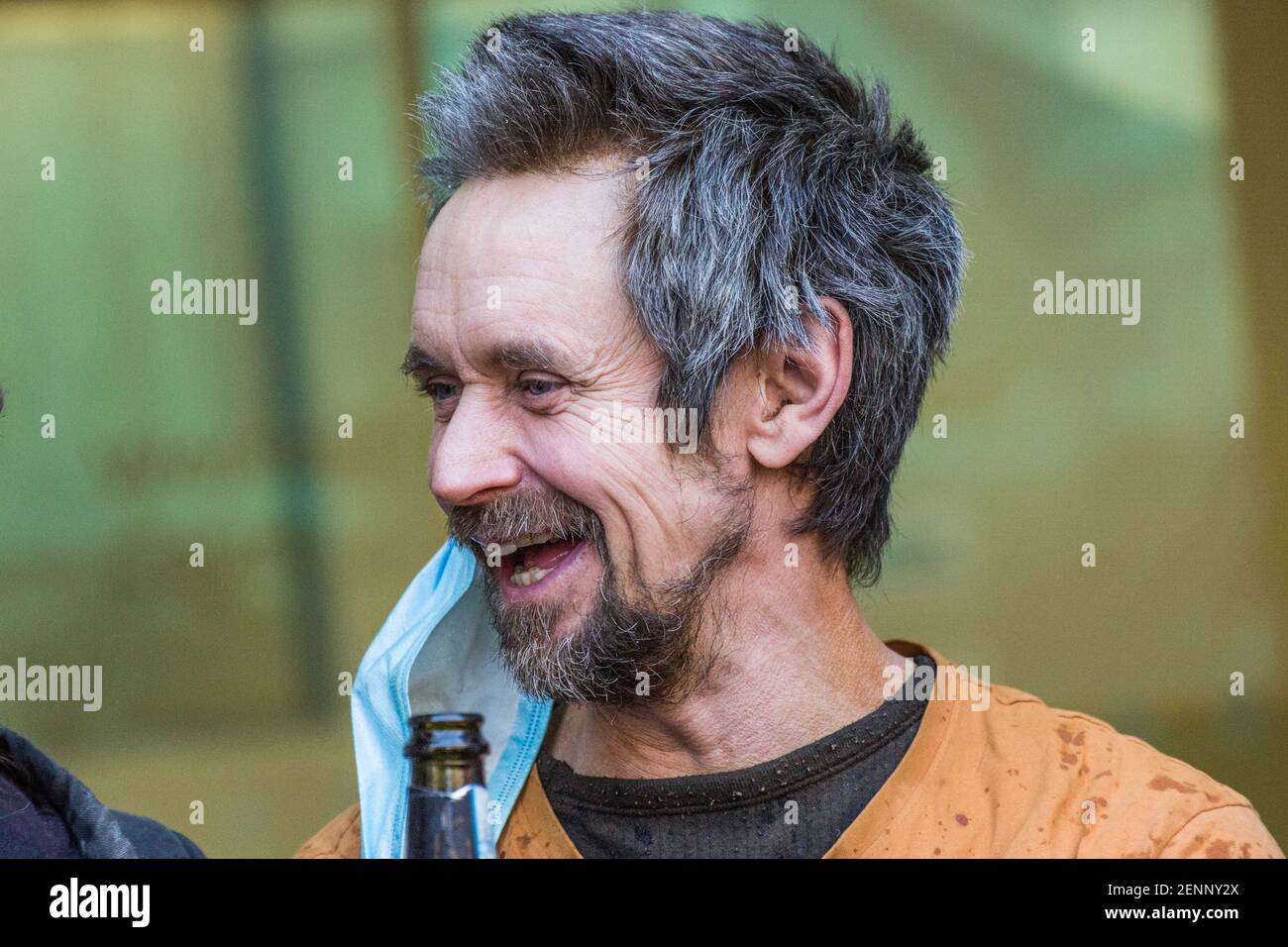 London, UK. 26th Feb 2021. Swampy (Daniel Hooper, 48) laughs as he ...