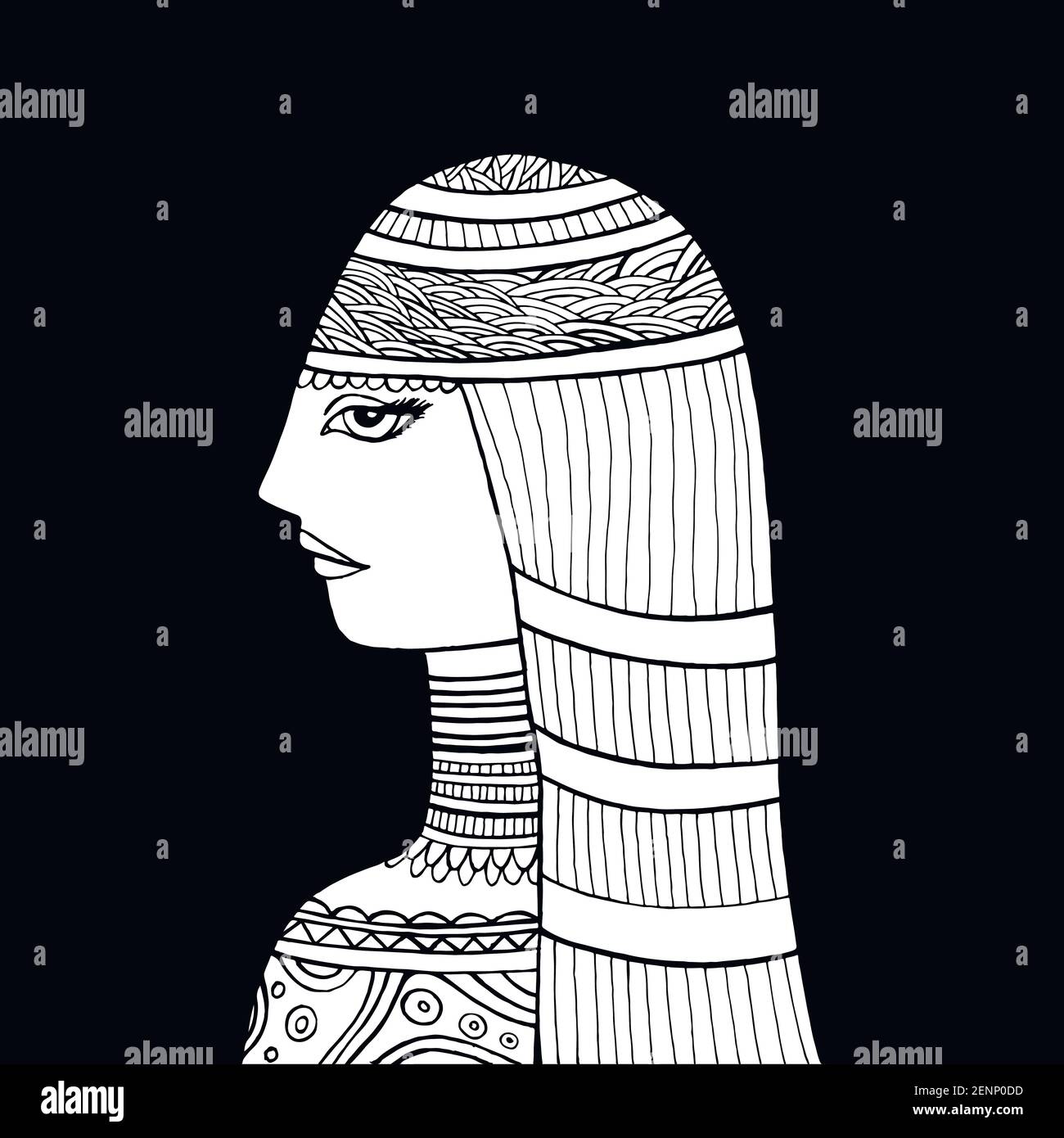 Oriental beautiful young woman coloring page. Doodle graphic images ...