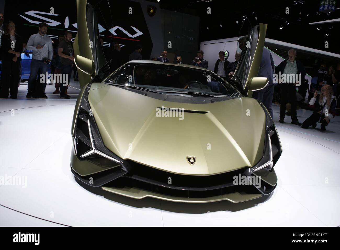 Italian car manufacturer Lamborghini displays the plug-in hybrid sports ...
