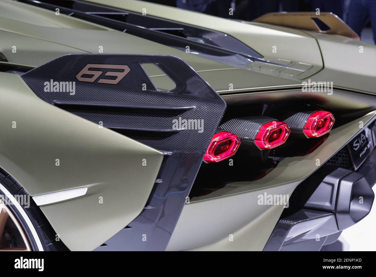 Italian car manufacturer Lamborghini displays the plug-in hybrid sports ...