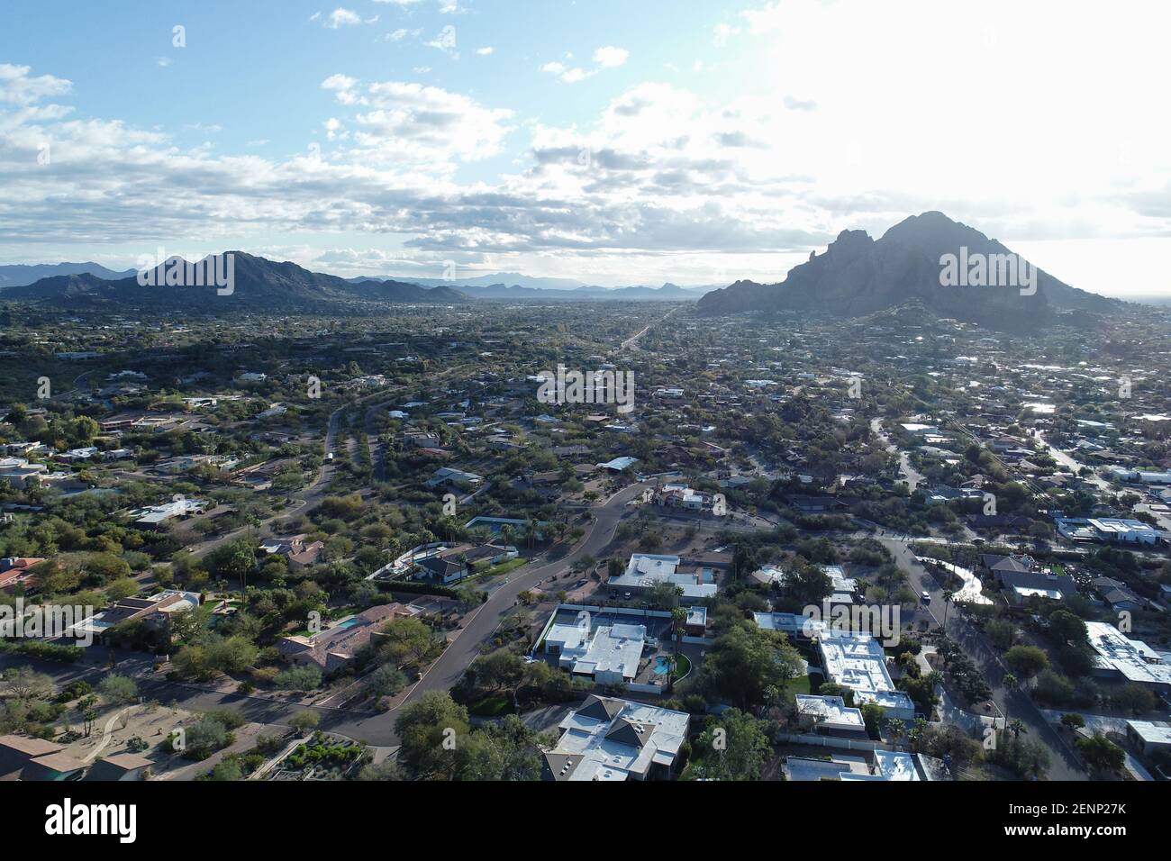 Aerial view of Phoenix area mountains and the surrounding neighborhoods ...