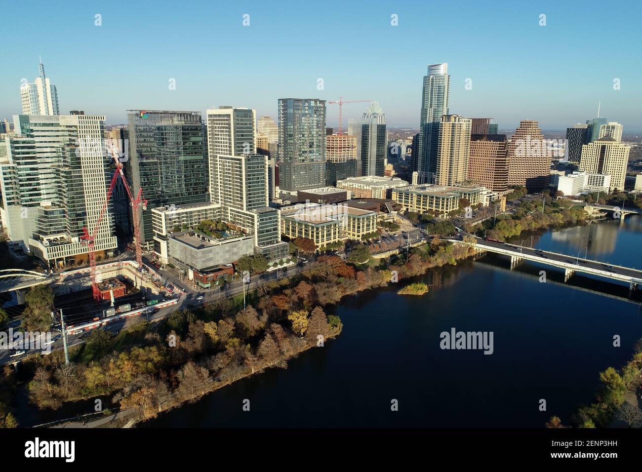 Aerial view of downtown Austin along the Colorado River at sunset Stock ...