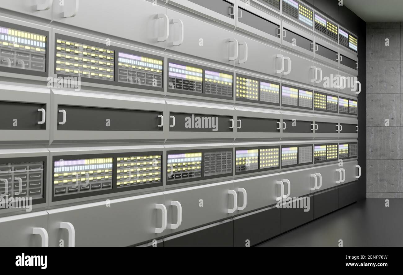 Secure server racks, data center, cloud computing facility detail, lots ...