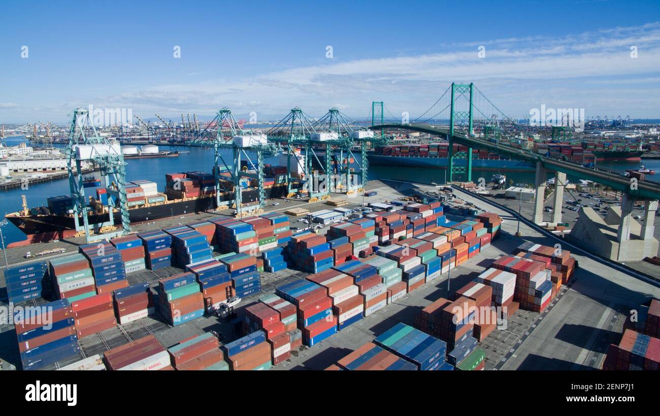 Aerial shot of port and bridge Stock Photo - Alamy