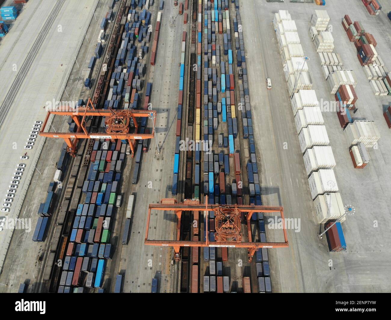 An aerial view of the Qingbaijiang Railway Port where freight trains ...