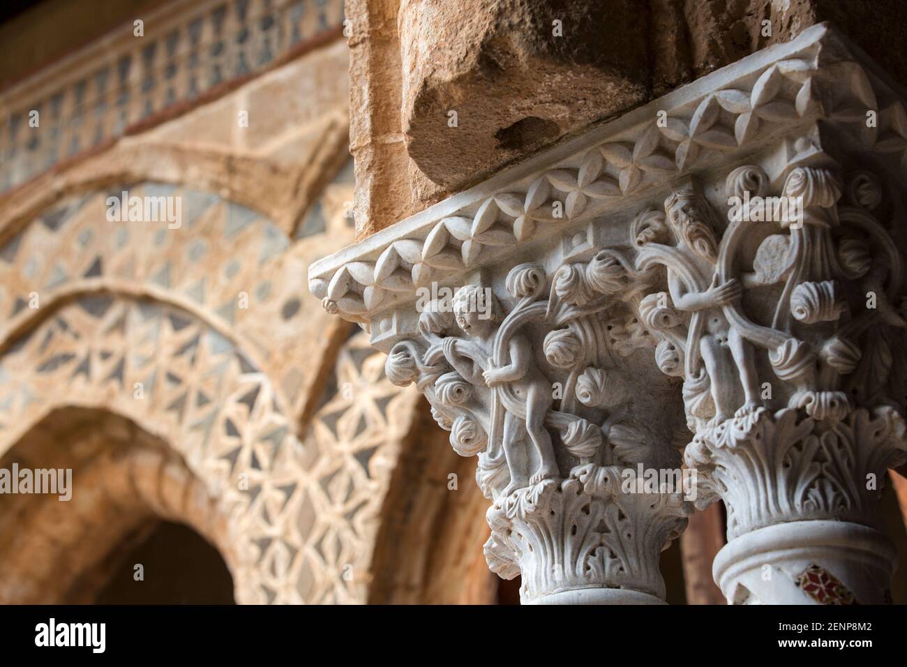 Italy,Sicily,Monreale, Monreale Cathedral, the Cloister, column details ...