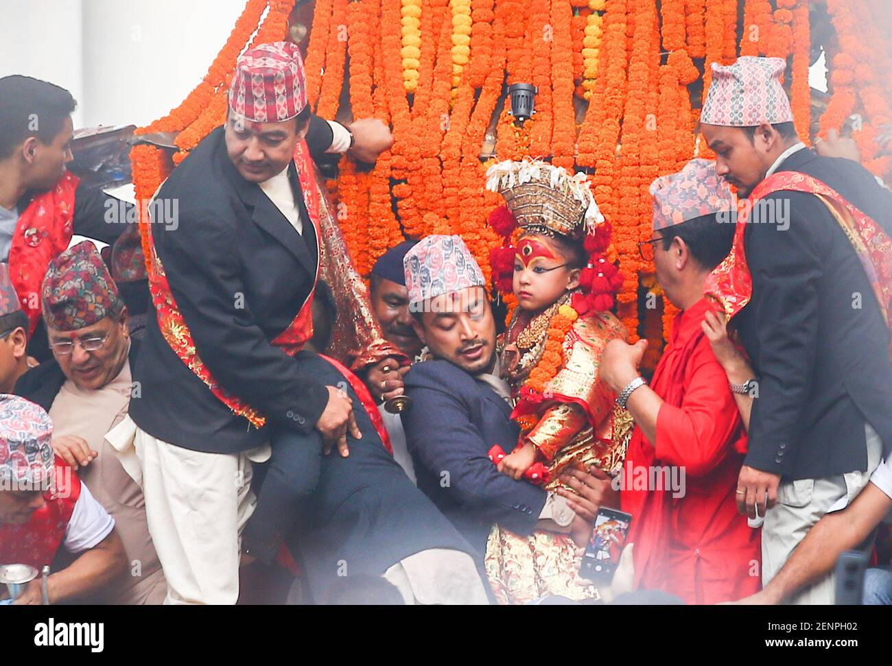 Living Goddess Kumari carried on a chariot during the main day of the ...