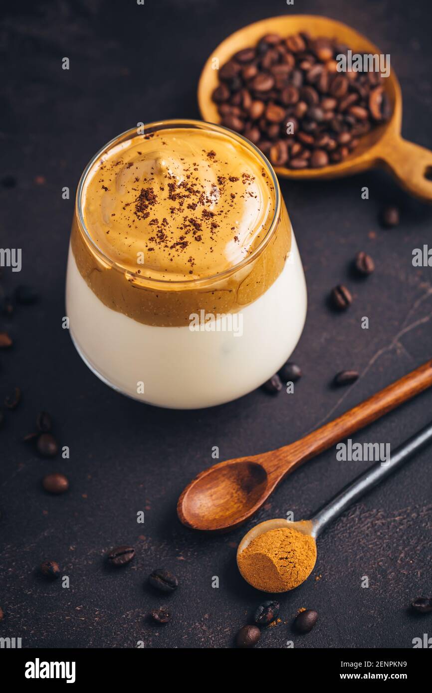 Iced fluffy creamy whipped trend drink with coffee foam and milk ...