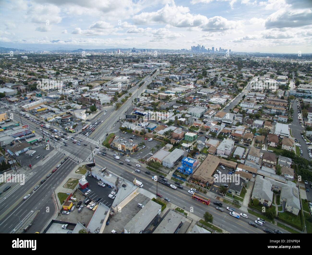 Aerial view of the Mid-City neighborhood with downtown Los Angeles in ...