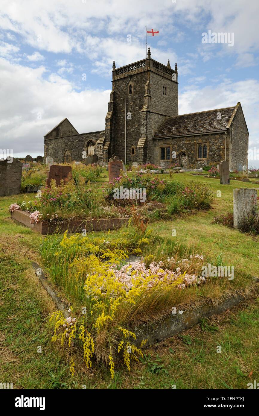 The Old Church of St Nicholas and graveyard at Uphill, Somerset, UK ...