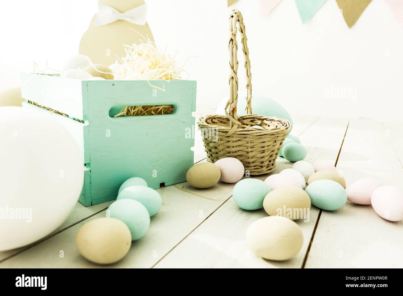 Easter! Many colorful Easter eggs with bunnies and baskets! decoration ...