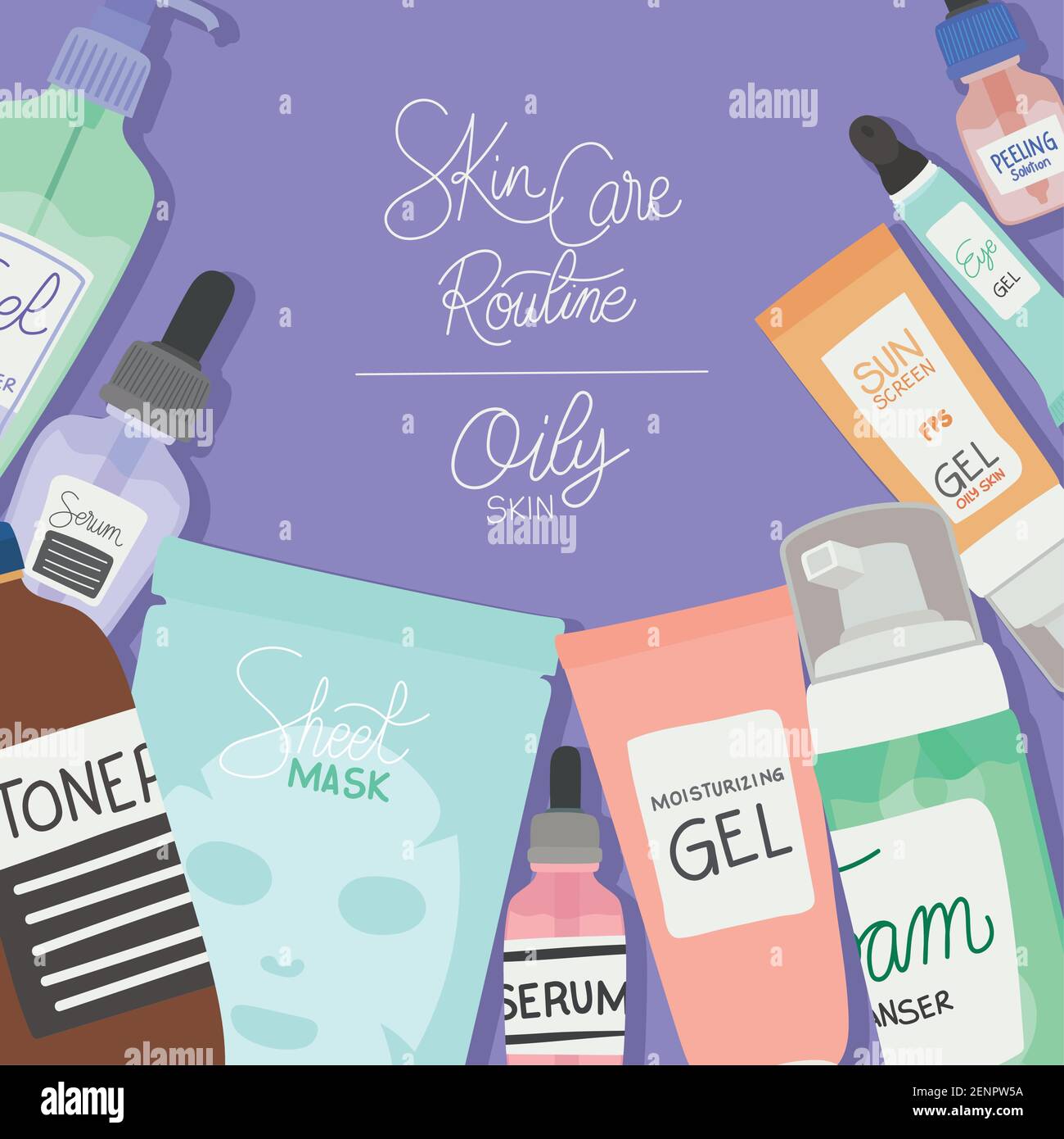 skin care rutine and oily skin lettering on a purple background Stock ...