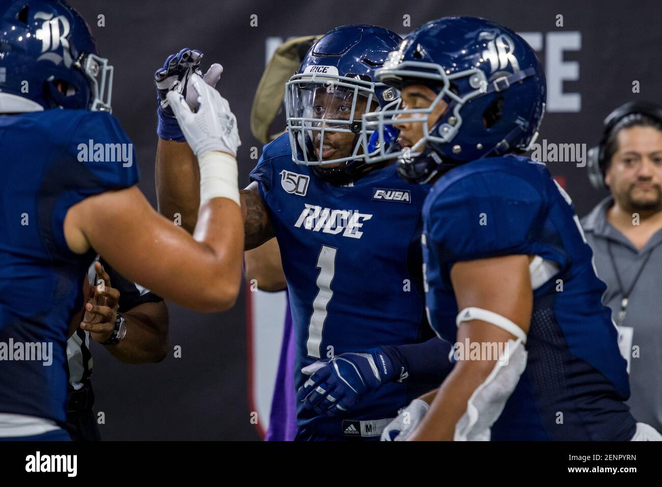 September 14, 2019: Rice Owls running back Aston Walter (1) celebrates ...