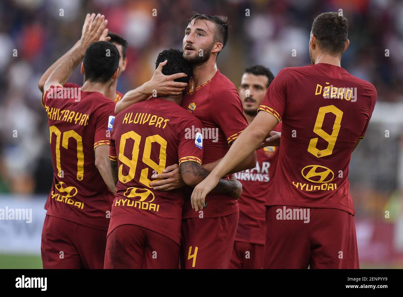 Justin Kluivert Roma celebrates after scoring a goal with Dzeko ...
