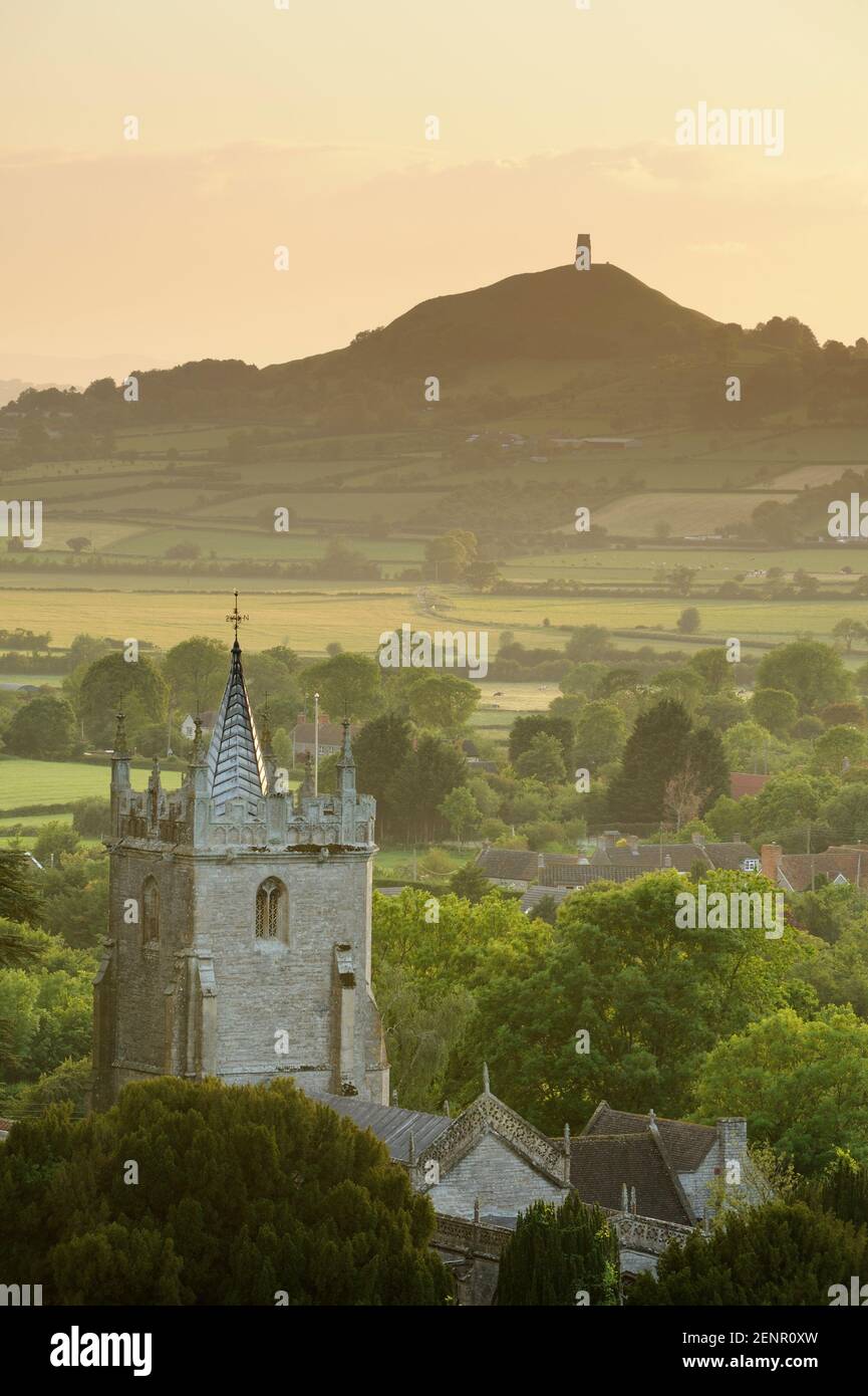 Glastonbury Tor with West Pennard church in the foreground. Somerset ...