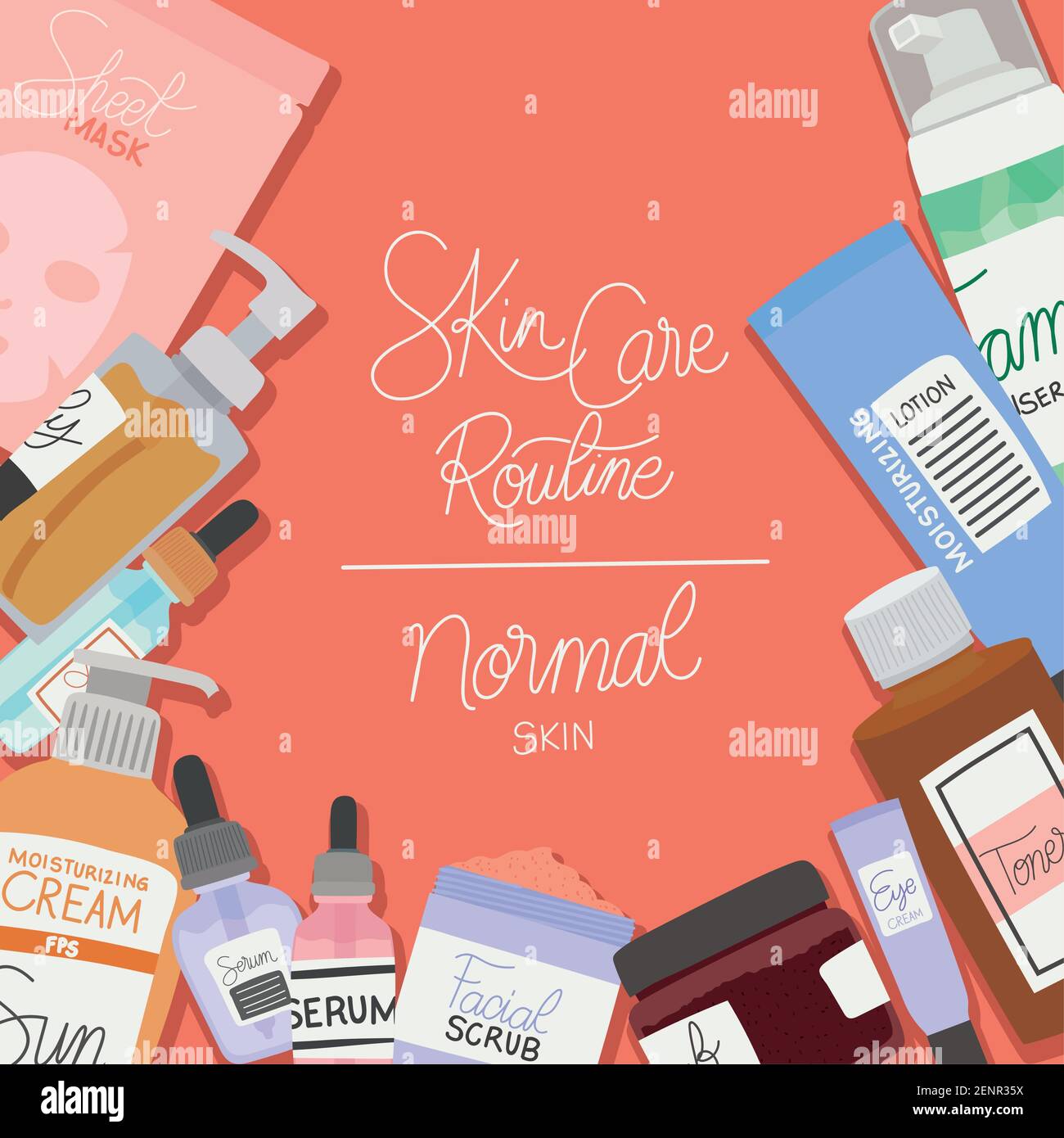 skin care rutine and normal skin lettering on a red background Stock ...
