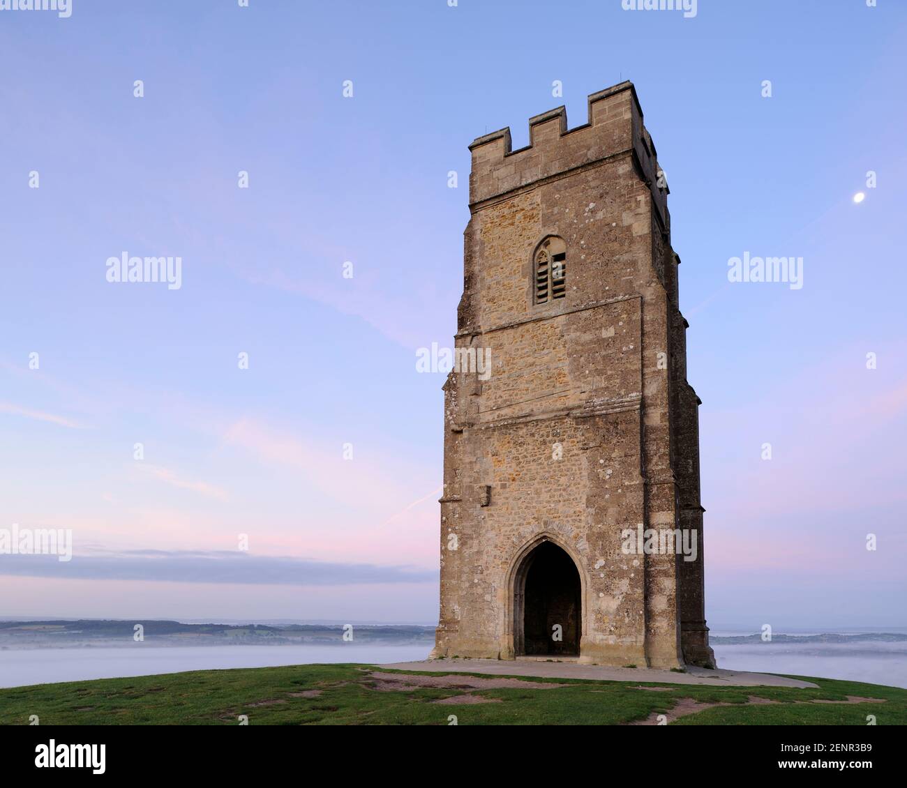 St Michael's Tower at the top of Glastonbury Tor at dawn. Somerset, UK ...