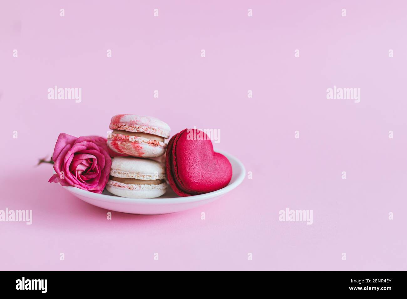 Tasty french macaroons with pink roses in a white cup. Heart-shaped ...