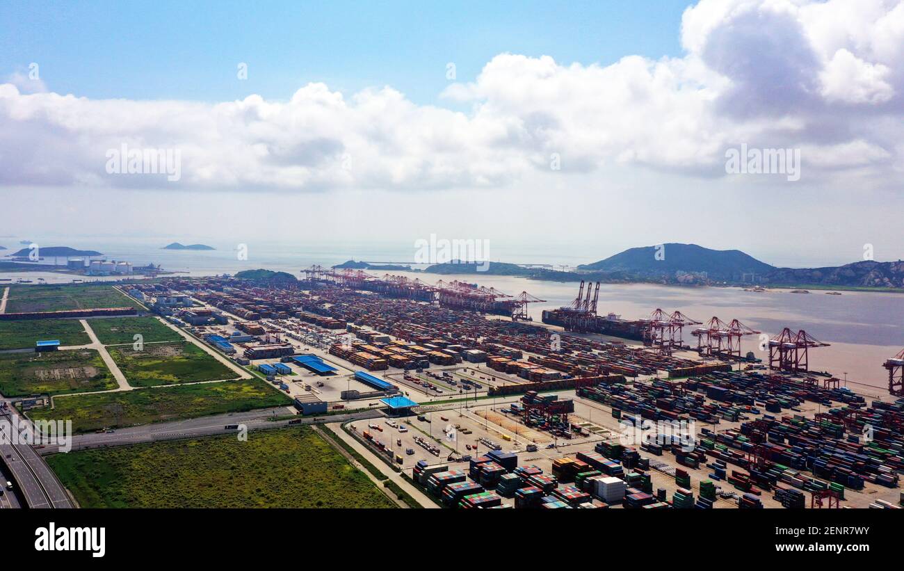 An aerial view of containers stored at Yangshan Port, a deep water port ...
