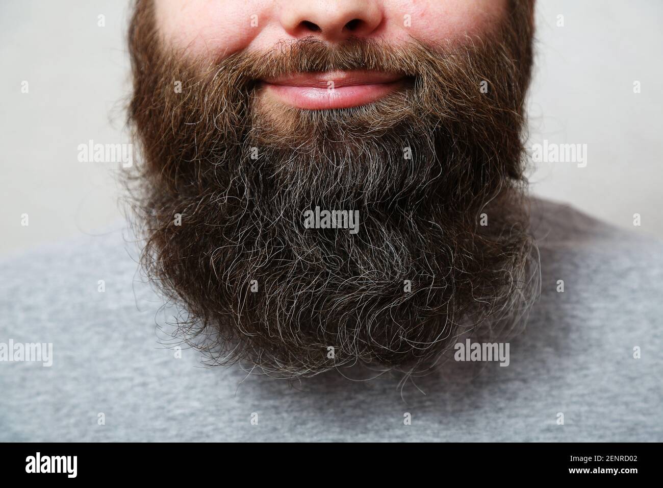 The bearded man laughs. Lips, nose, the mouth of a bearded man, close ...