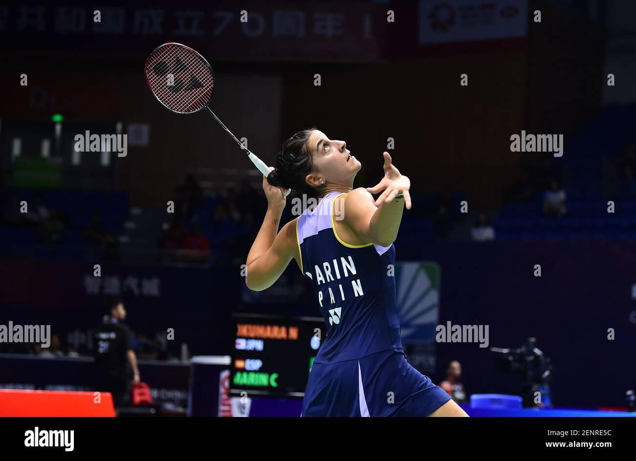 Spanish professional badminton player Carolina Marin competes against ...