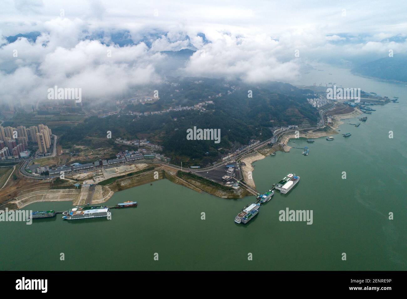 An aerial view of vessels going to and fro at Three Gorges Dam Area on ...