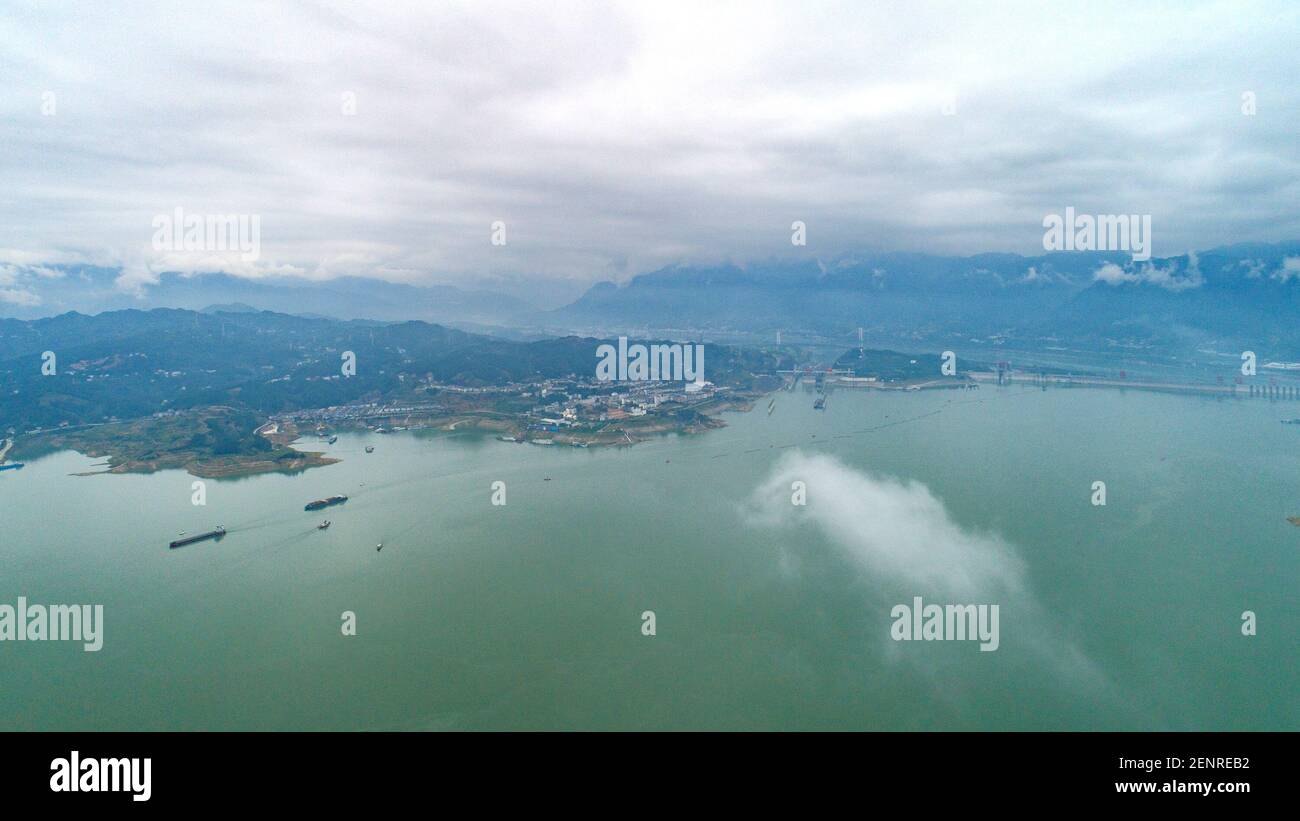 An aerial view of vessels going to and fro at Three Gorges Dam Area on ...