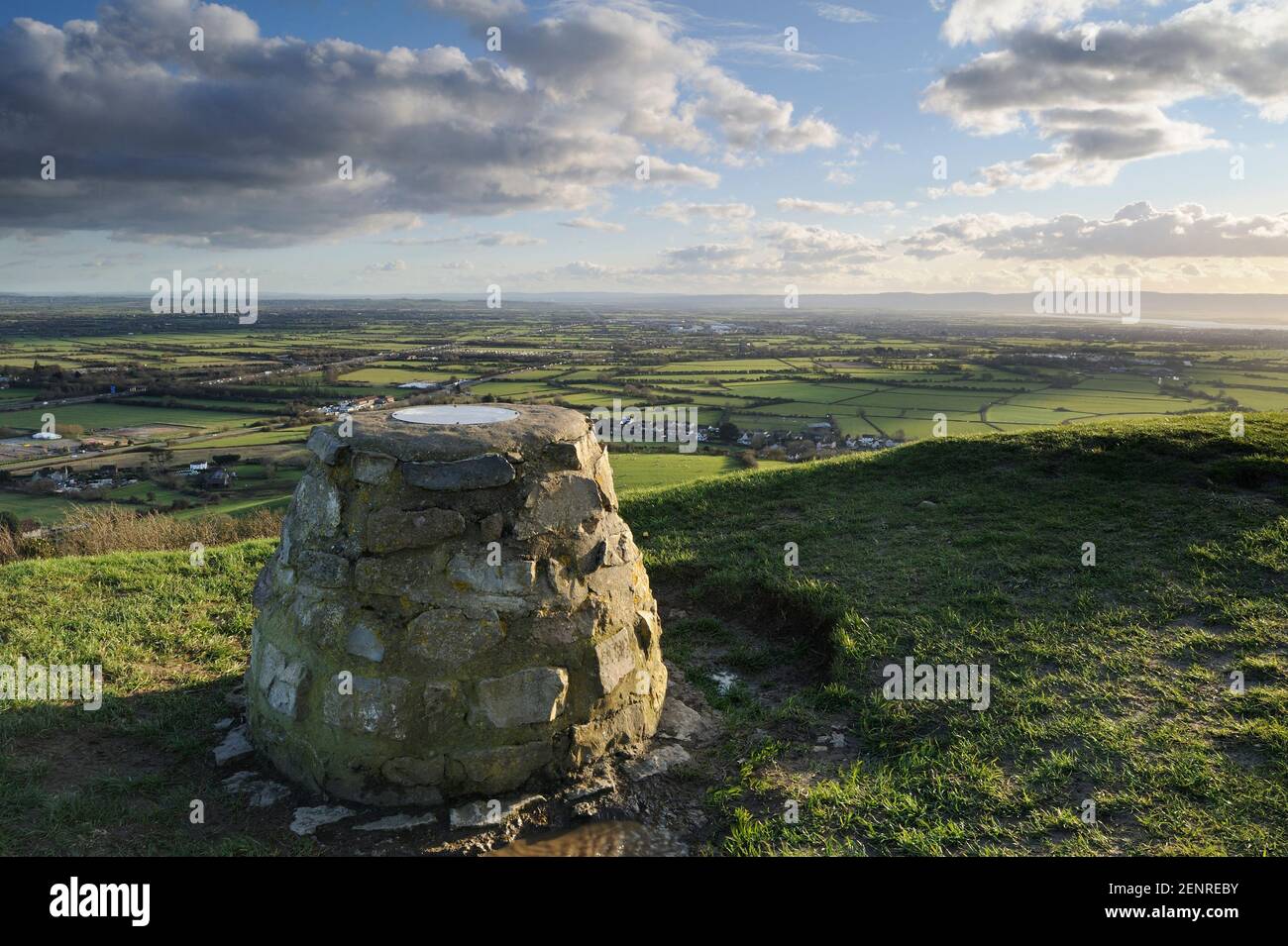 Trig point at the top of Brent Knoll, Somerset Levels, UK Stock Photo ...