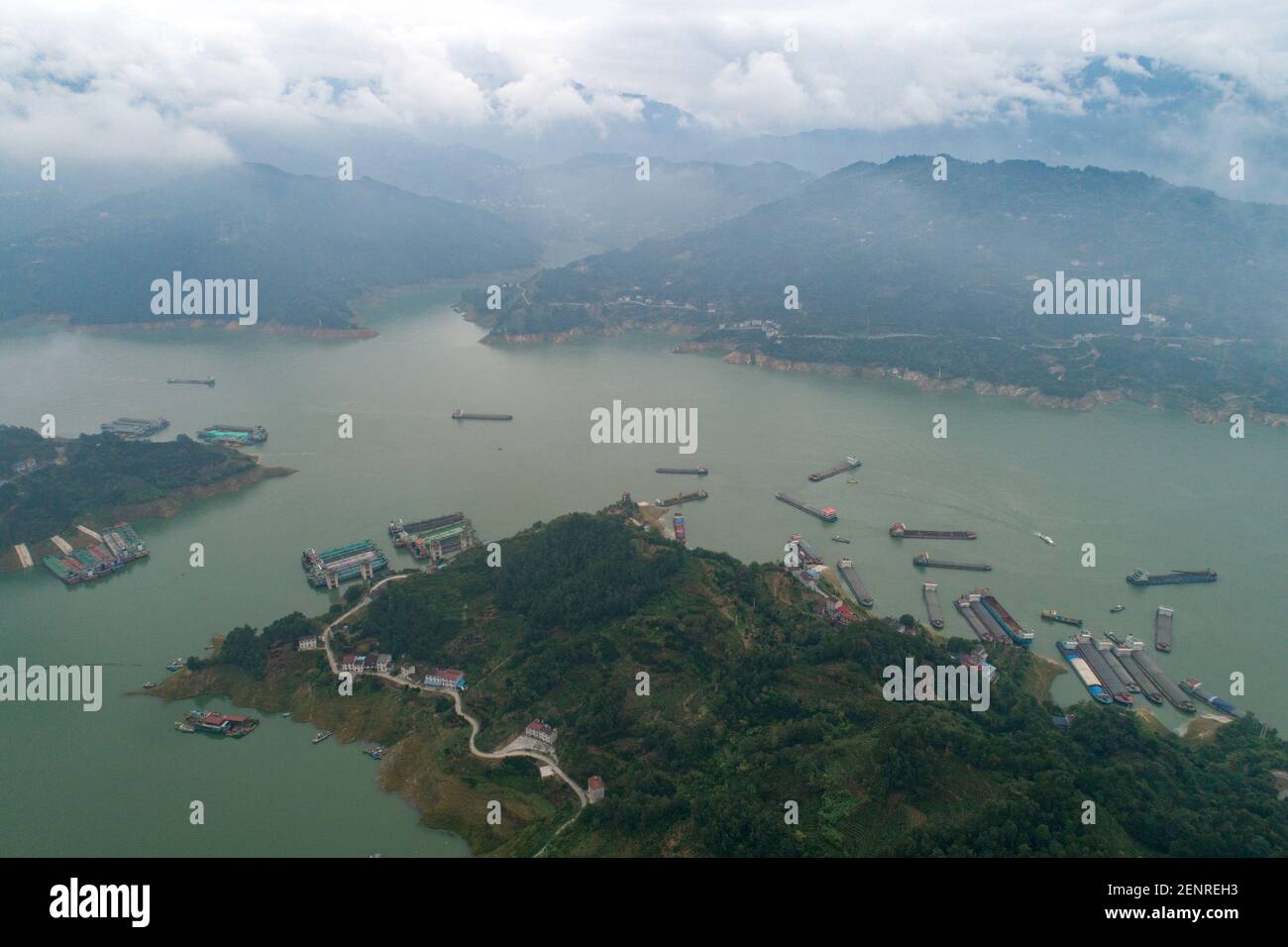 An aerial view of vessels going to and fro at Three Gorges Dam Area on ...