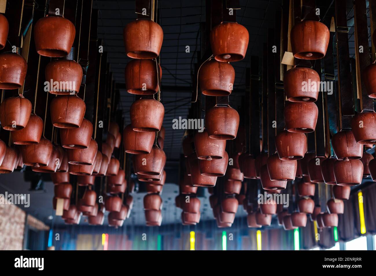 Giant wooden bell hanging on the ceiling Stock Photo - Alamy