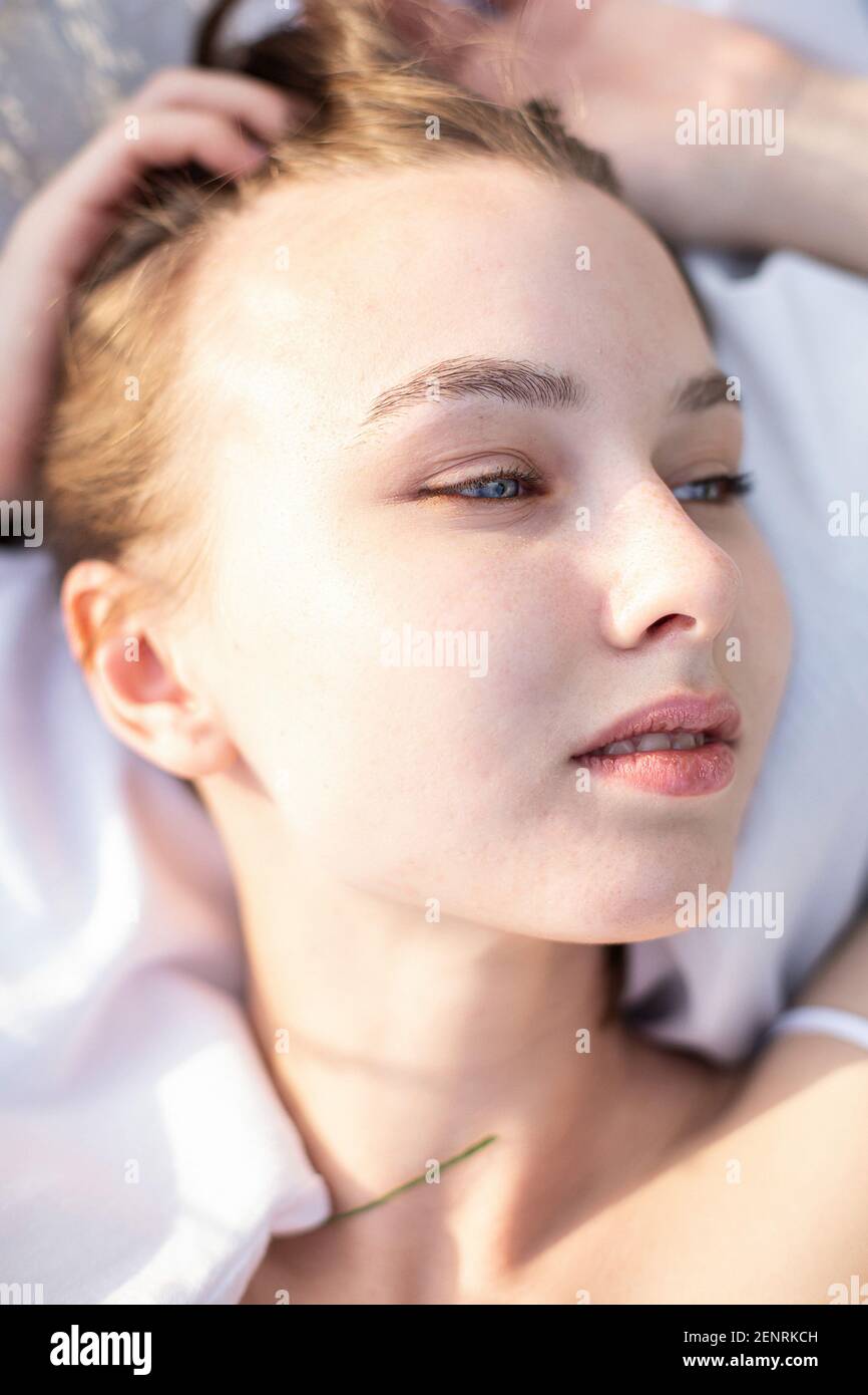 White young woman model portrait on white Stock Photo - Alamy
