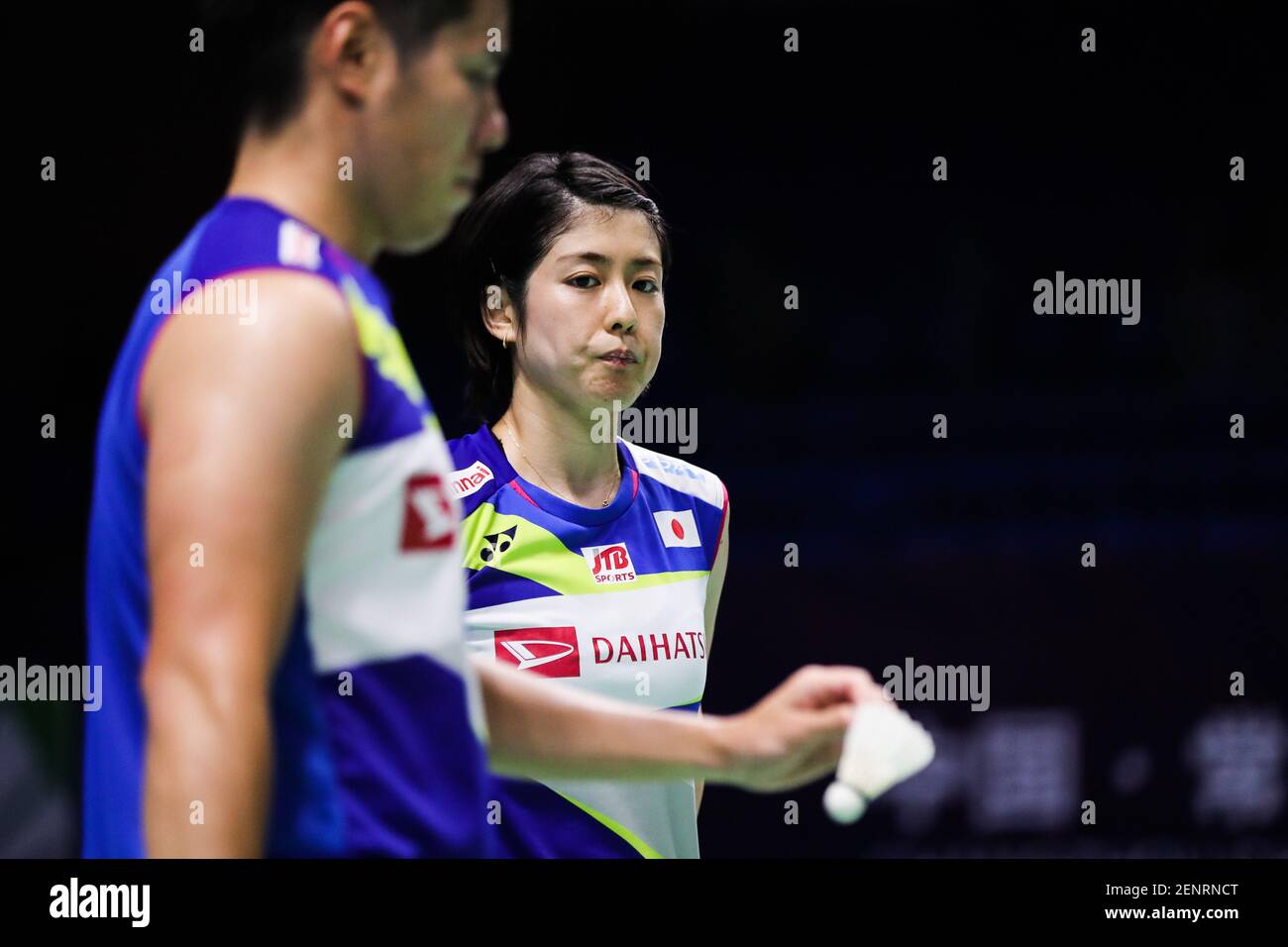 Japanese professional badminton players Kohei Gondo and Ayane Kurihara compete against Chinese ...