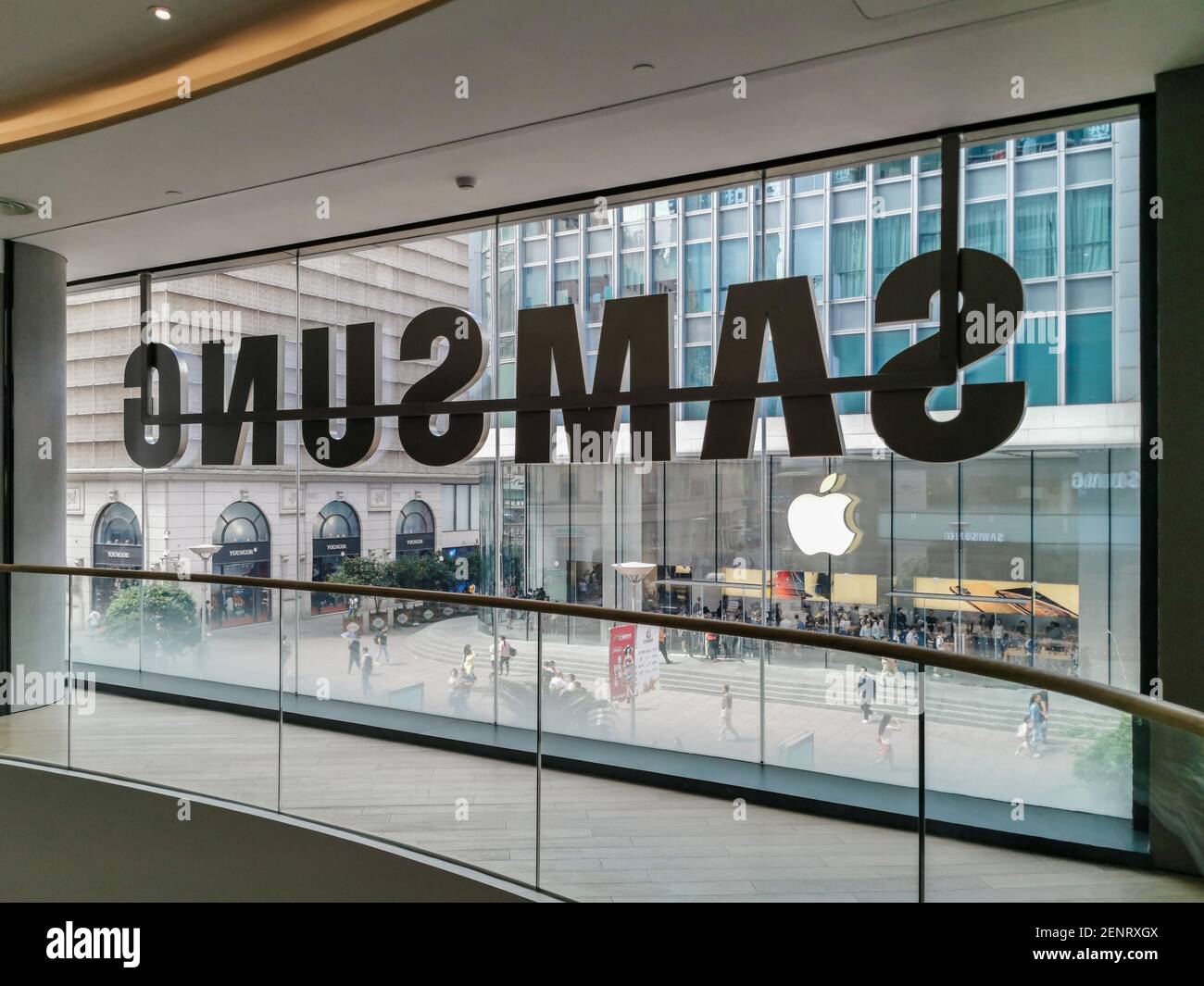 Inside view of the new Samsung experience store, in front of an Apple ...