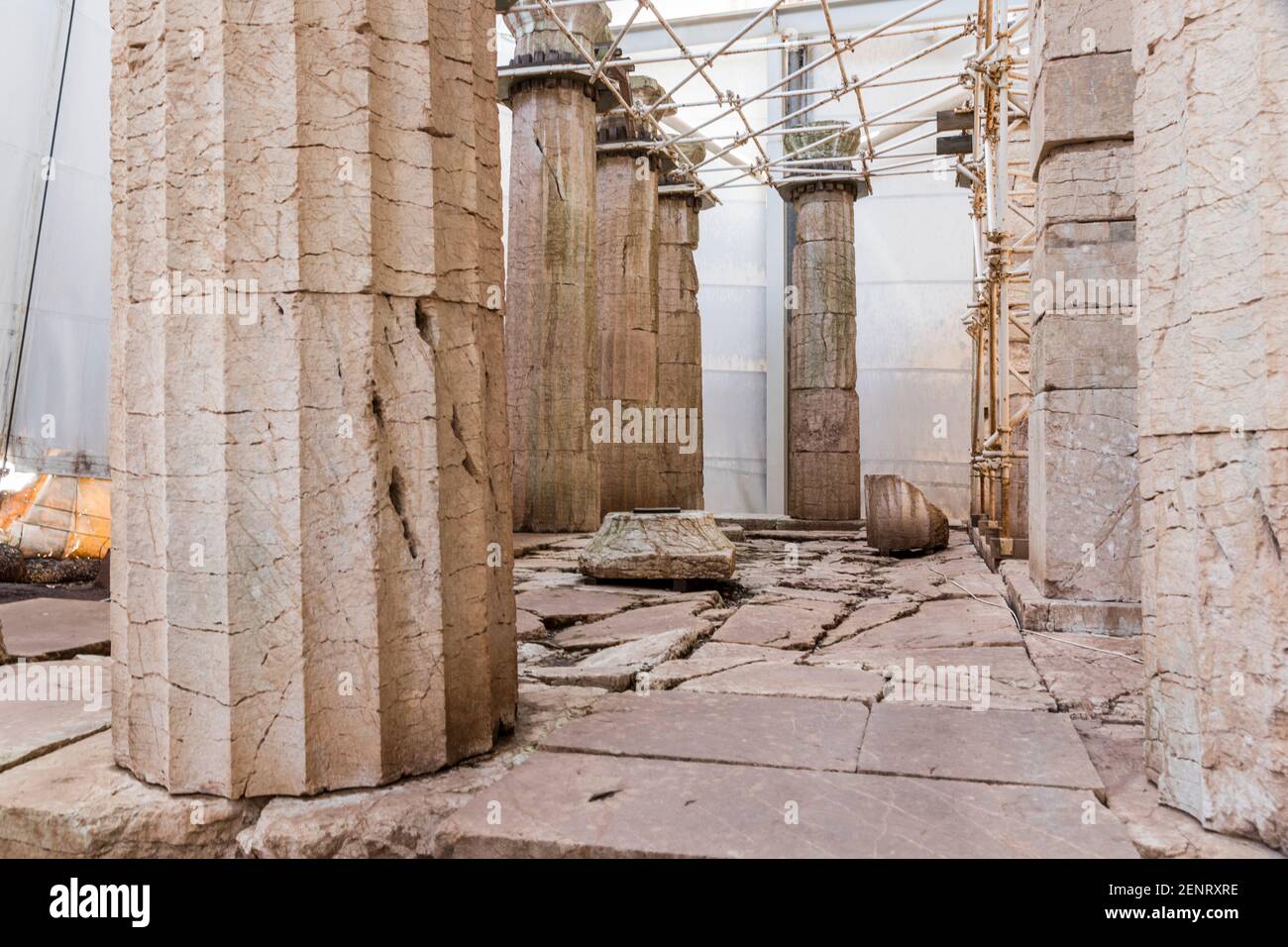 Bassae, Greece. Large ruined columns of the Temple of Apollo Epicurius ...
