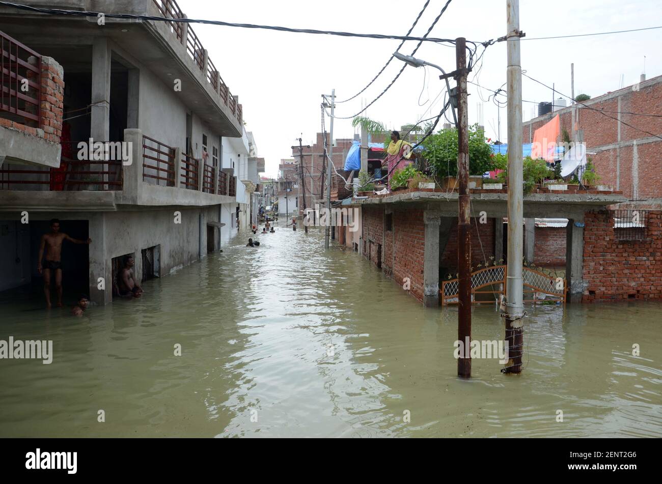 A view of houses submerged with flooded water of river Ganga at salori ...
