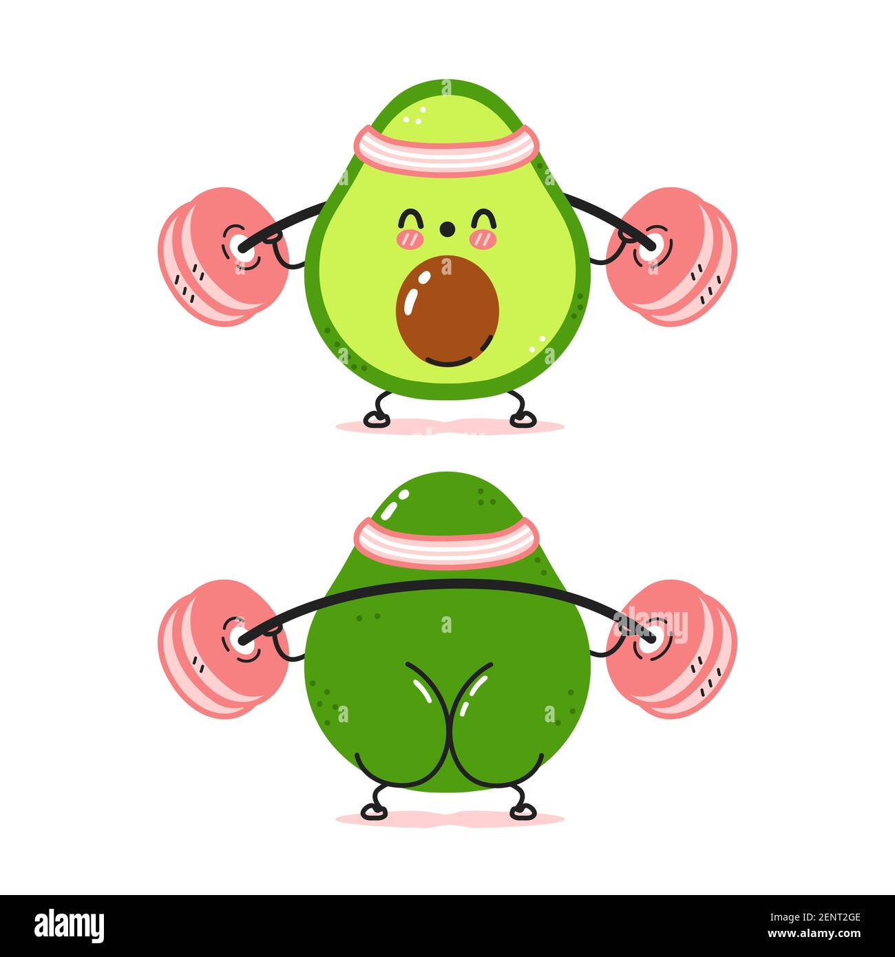 Cute funny avocado make squat gym with barbell. Vector flat line ...